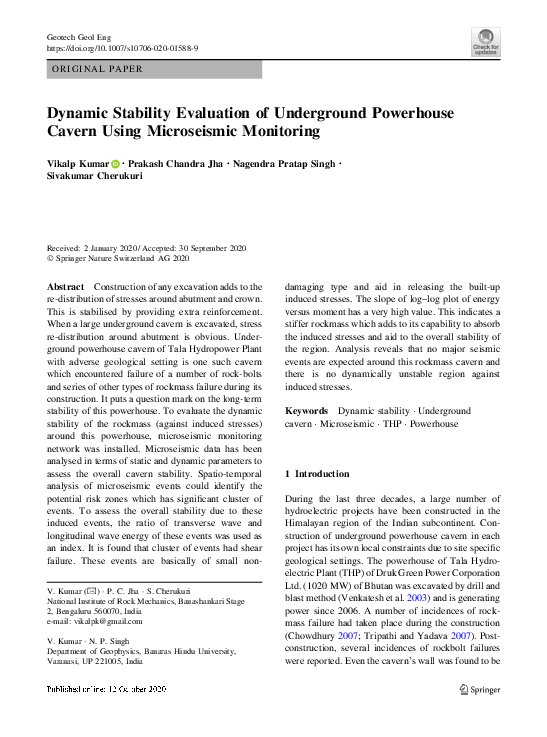 (PDF) Dynamic Stability Evaluation of Underground Powerhouse Cavern Using Microseismic Monitoring