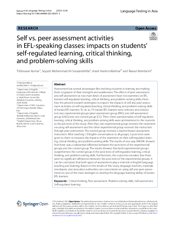 (PDF) Self vs. peer assessment activities in EFL-speaking classes ...