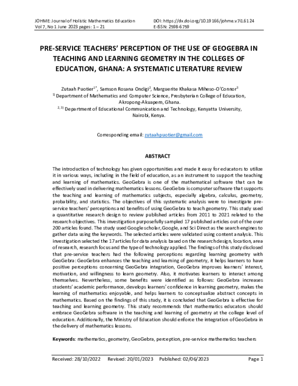 (PDF) PRE-SERVICE TEACHERS' PERCEPTION OF THE USE OF GEOGEBRA IN TEACHING AND LEARNING GEOMETRY ...