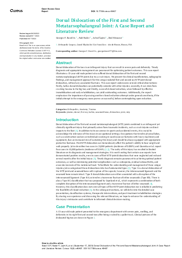 (PDF) Dorsal Dislocation of the First and Second Metatarsophalangeal ...