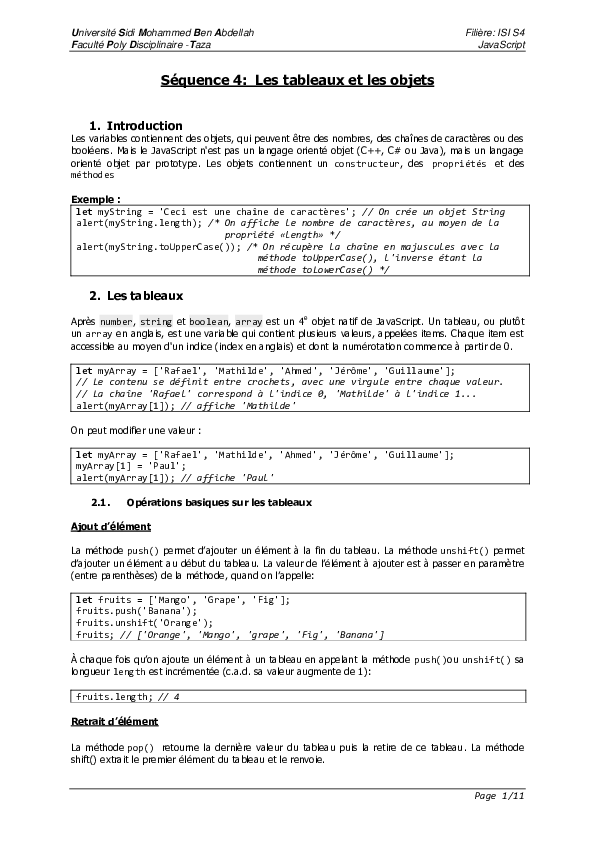 (PDF) Séquence 4: Les tableaux et les objets en JavaScript (PDF) Séquence 4: Les tableaux et les objets en JavaScript
