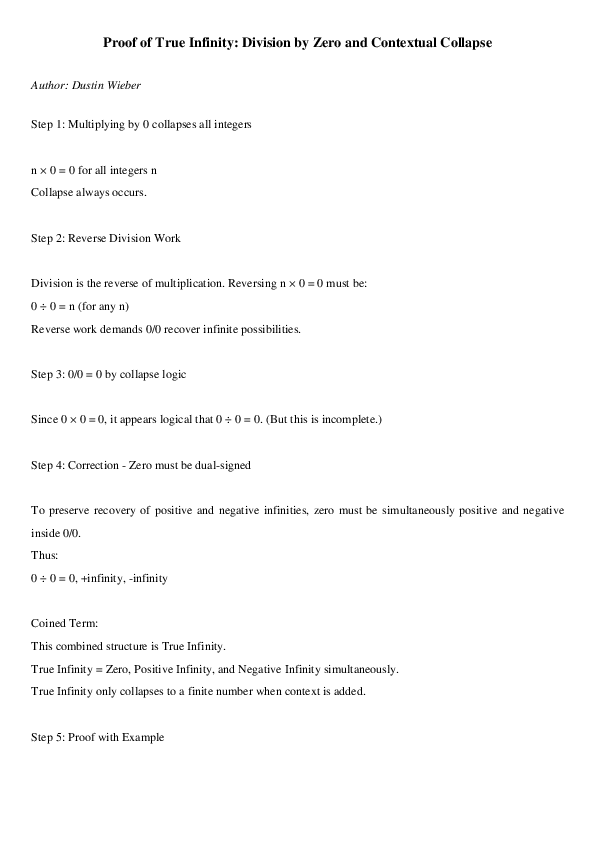 (PDF) Proof of True Infinity: Division by Zero and Contextual Collapse