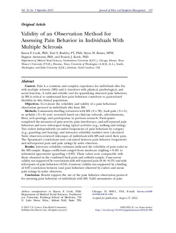 (PDF) Validity of an Observation Method for Assessing Pain Behavior in Individuals With Multiple ...