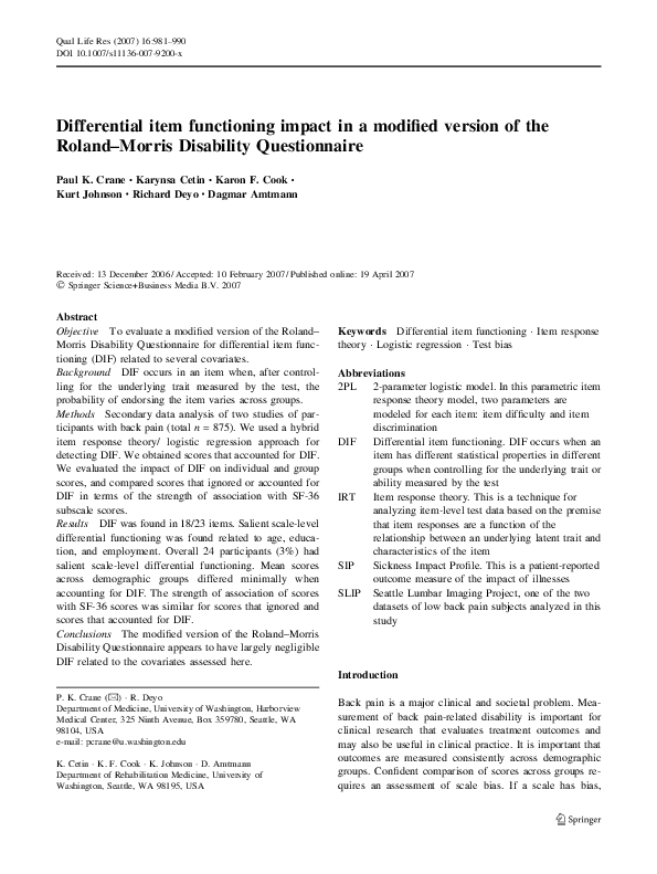 (PDF) Differential item functioning impact in a modified version of the Roland–Morris Disability ...