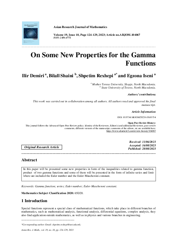 (PDF) On Some New Properties for the Gamma Functions