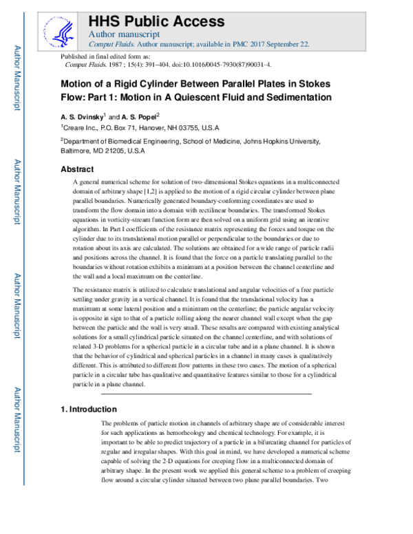 (PDF) Motion of a rigid cylinder between parallel plates in stokes flow
