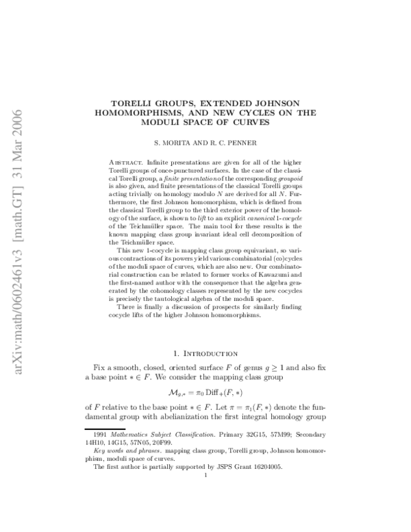(PDF) Torelli groups, extended Johnson homomorphisms, and new cycles on ...