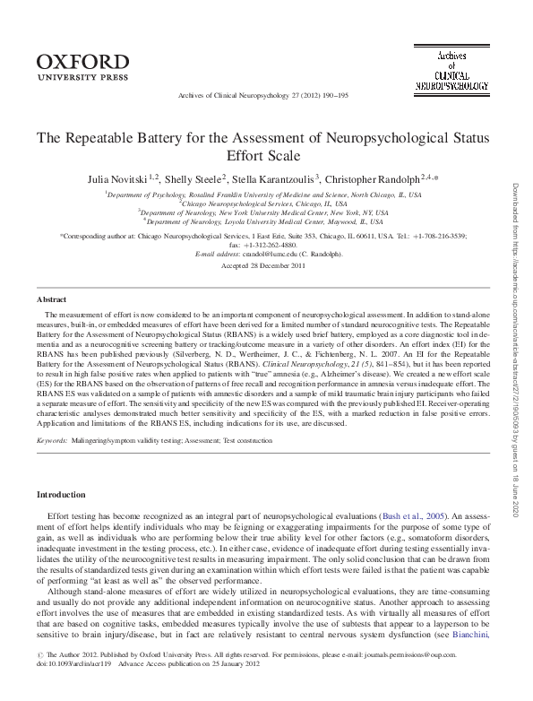 (PDF) The Repeatable Battery for the Assessment of Neuropsychological ...