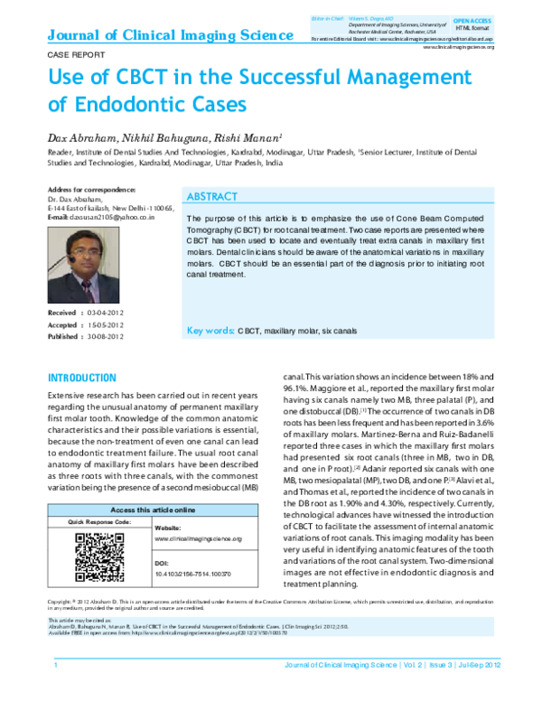 (PDF) Use of CBCT in the Successful Management of Endodontic Cases