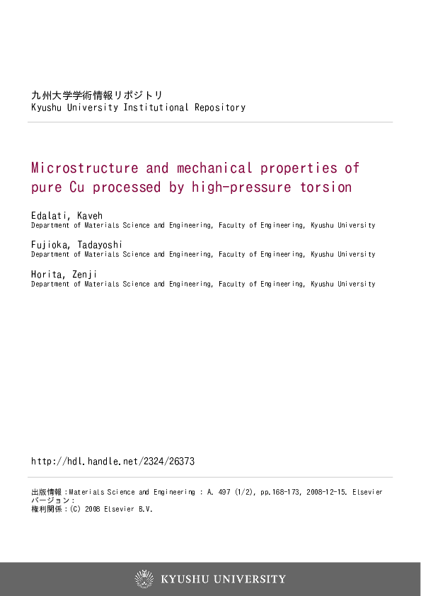 (PDF) Microstructure and mechanical properties of pure Cu processed by high-pressure torsion