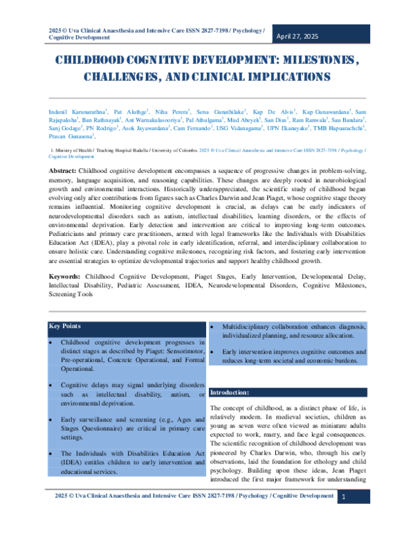 (PDF) Childhood Cognitive Development- Milestones, Challenges, and Clinical Implications
