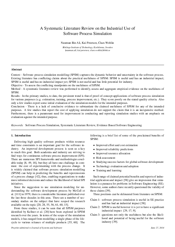 (PDF) A systematic literature review on the industrial use of software process simulation