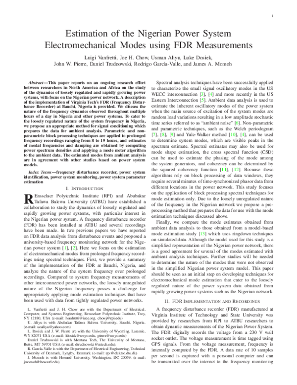 (PDF) Estimation of the Nigerian Power System Electromechanical Modes using FDR Measurements