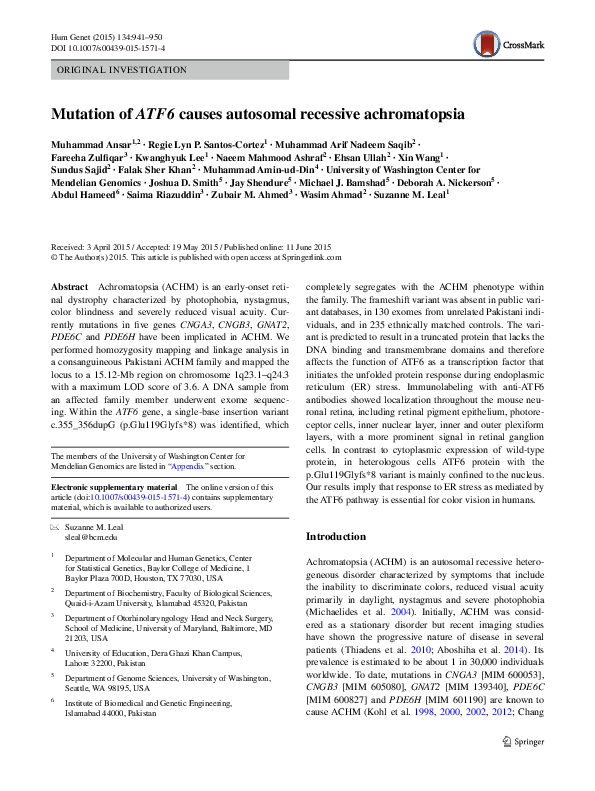 (PDF) Mutation of ATF6 causes autosomal recessive achromatopsia