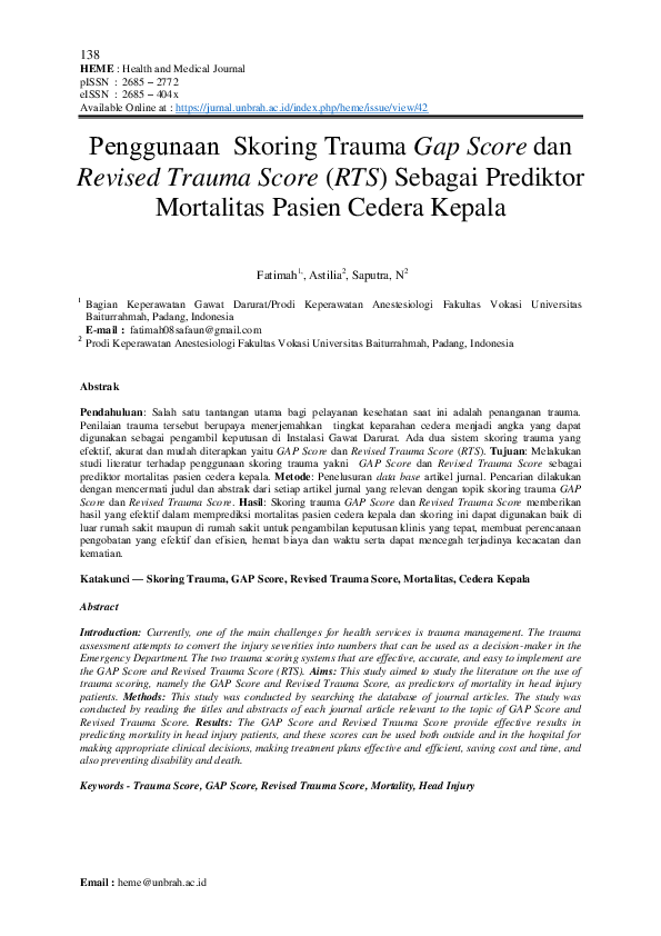 (PDF) Penggunaan Skoring Trauma Gap Score dan Revised Trauma Score (RTS ...
