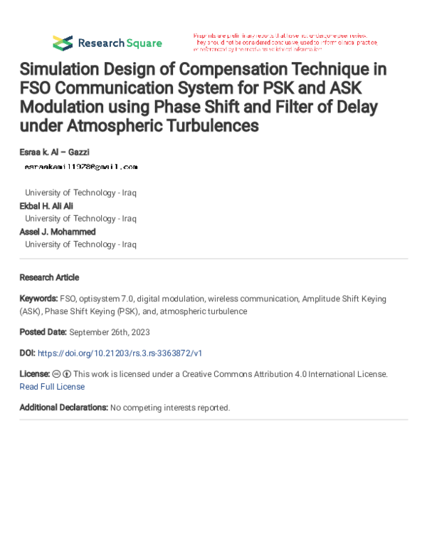 (PDF) Simulation Design of Compensation Technique in FSO Communication System for PSK and ASK ...