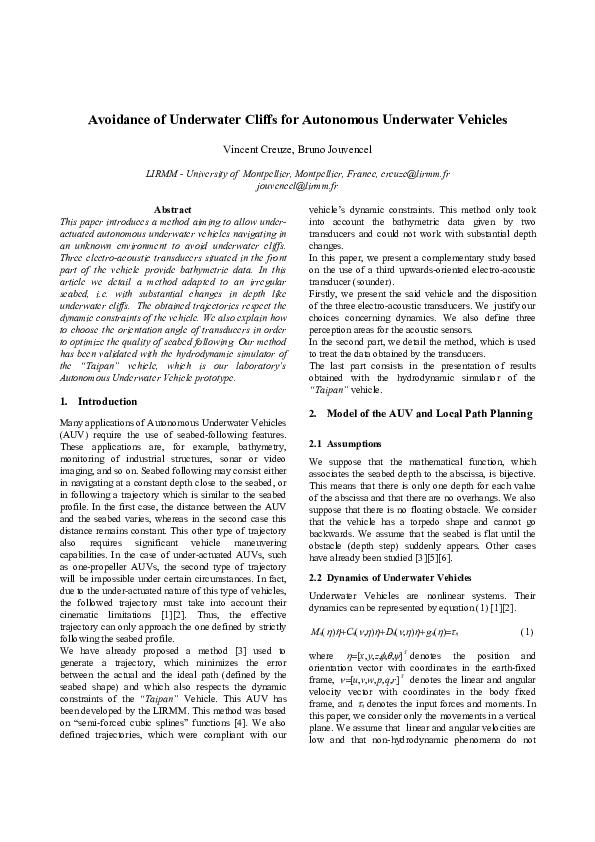 (PDF) Avoidance of underwater cliffs for autonomous underwater vehicles