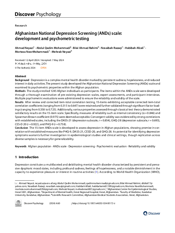 (PDF) Afghanistan National Depression Screening (ANDs) scale ...