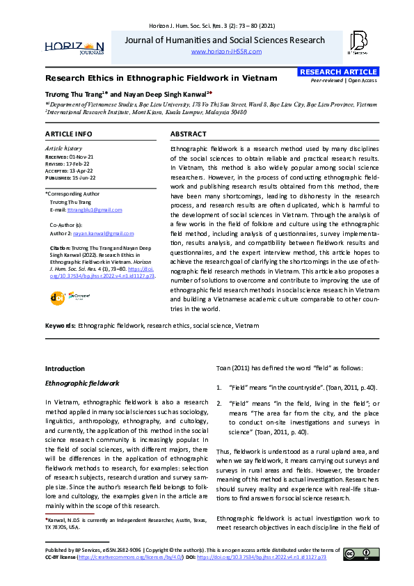 (PDF) Research Ethics in Ethnographic Fieldwork in Vietnam