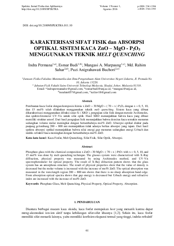 (PDF) KARAKTERISASI SIFAT FISIK dan ABSORPSI OPTIKAL SISTEM KACA ZnO ...