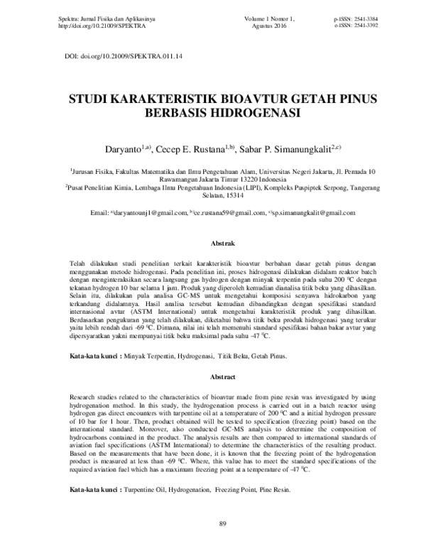 (PDF) STUDI KARAKTERISTIK BIOAVTUR GETAH PINUS BERBASIS HIDROGENASI
