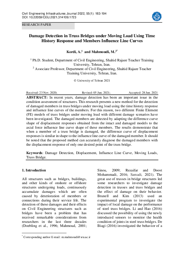 (PDF) Damage Detection in Truss Bridges under Moving Load Using Time History Response and ...