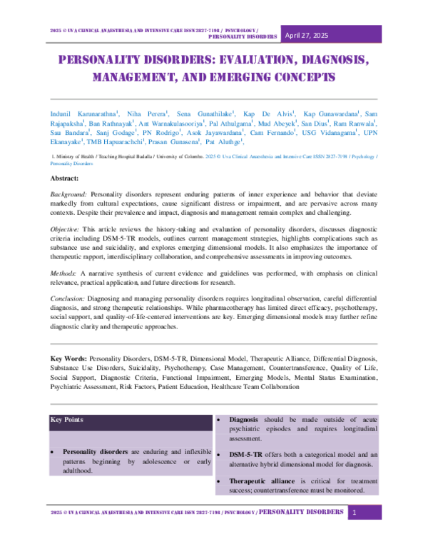 (PDF) Personality Disorders Evaluation, Diagnosis, Management, and ...