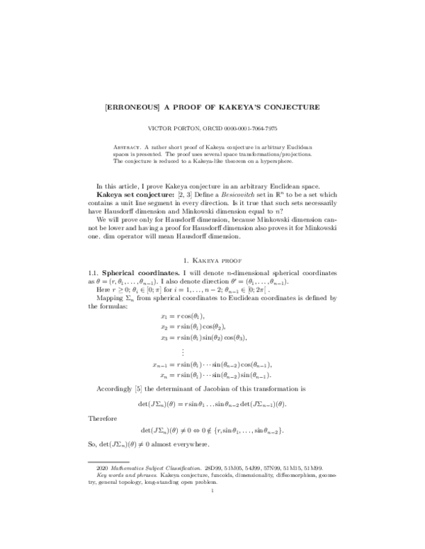 (PDF) [ERRONEOUS] A Proof of Kakeya's Conjecture