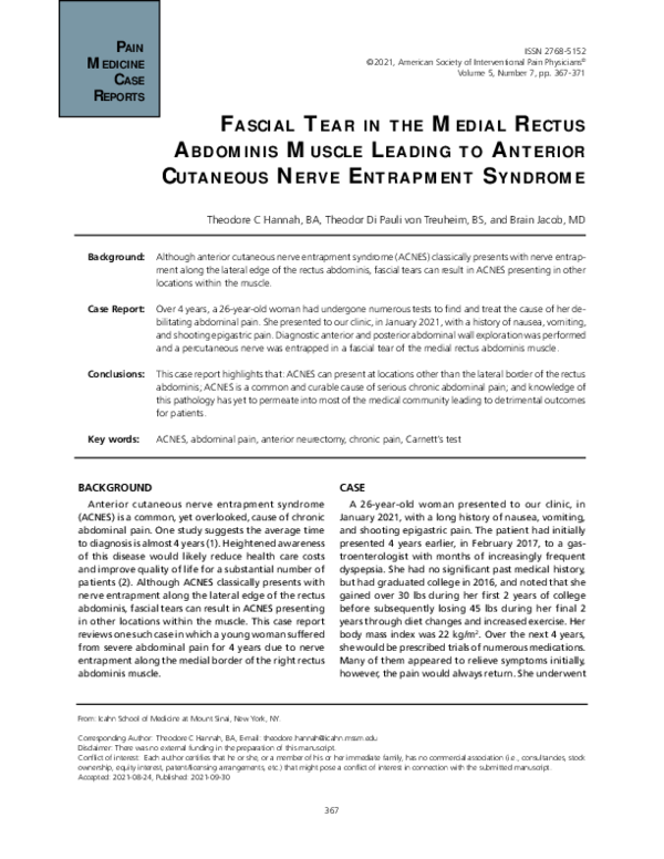 (PDF) Fascial Tear in the Medial Rectus Abdominis Muscle Leading to ...