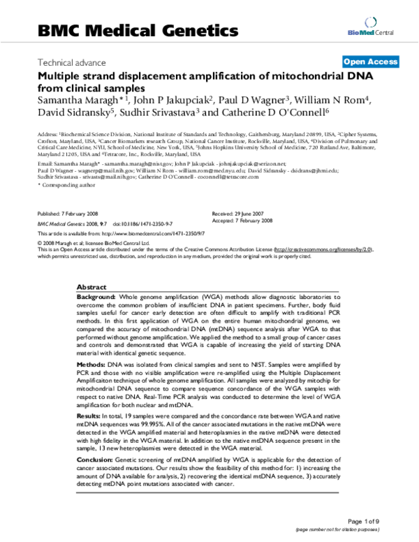 (PDF) Multiple strand displacement amplification of mitochondrial DNA ...
