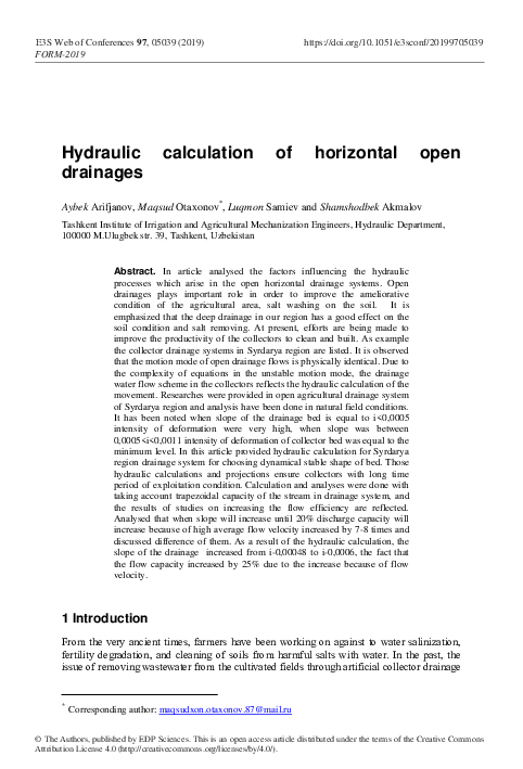 (PDF) Hydraulic calculation of horizontal open drainages