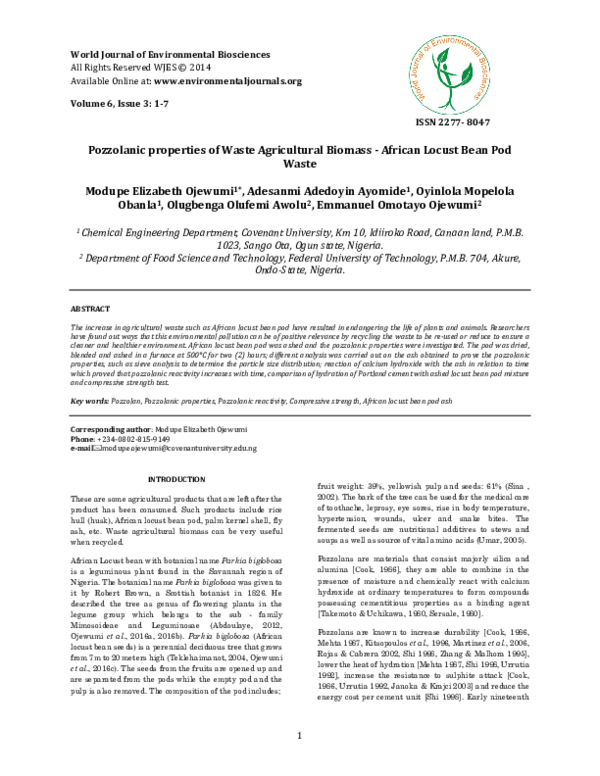 (PDF) Pozzolanic properties of Waste Agricultural Biomass - African ...