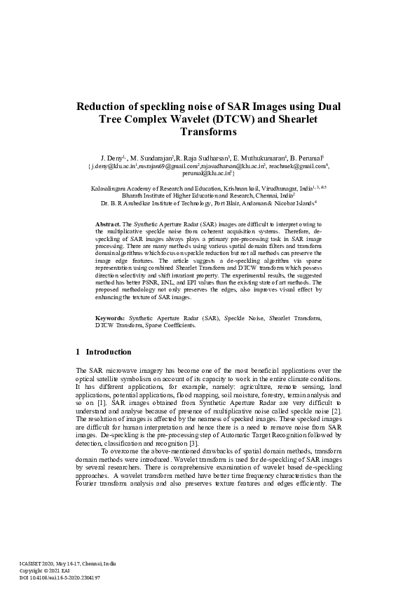 (PDF) Reduction of speckling noise of SAR Images using Dual Tree ...