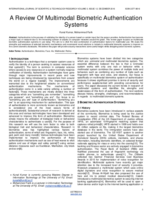 Pdf A Review Of Multimodal Biometric Authentication Systems