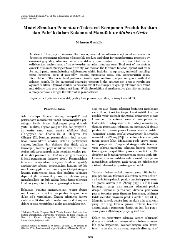 (PDF) Model Simultan Penentuan Toleransi Komponen Produk Rakitan dan ...
