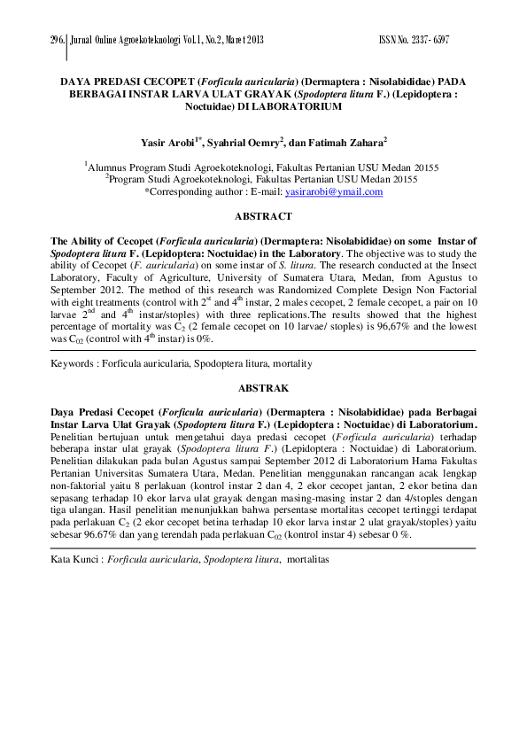 (PDF) DAYA PREDASI CECOPET (Forficula auricularia) (Dermaptera : Nisolabididae) PADA BERBAGAI ...