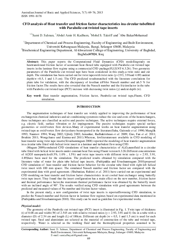 (PDF) CFD analysis of heat transfer and friction factor charaterstics ...