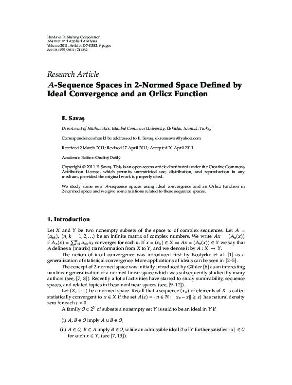 (PDF) Sequence Spaces in 2-Normed Space Defined by Ideal Convergence and an Orlicz Function