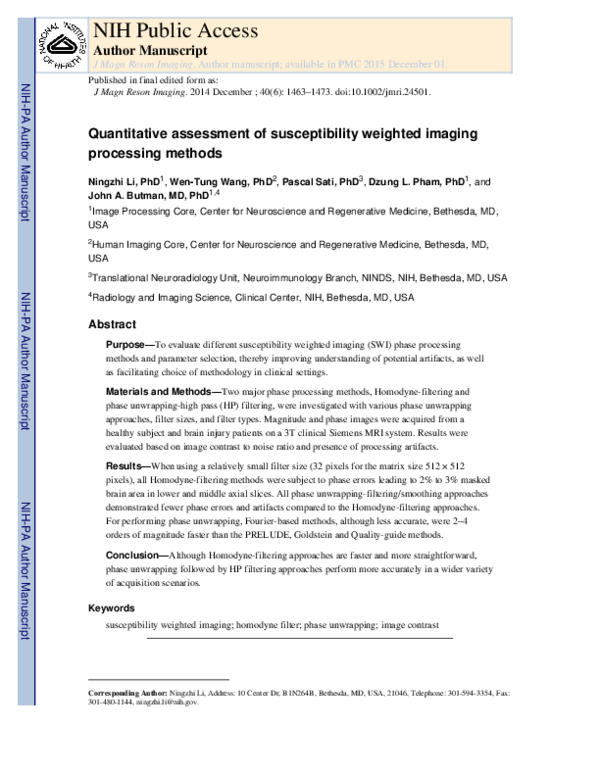 (PDF) Quantitative assessment of susceptibility‐weighted imaging processing methods