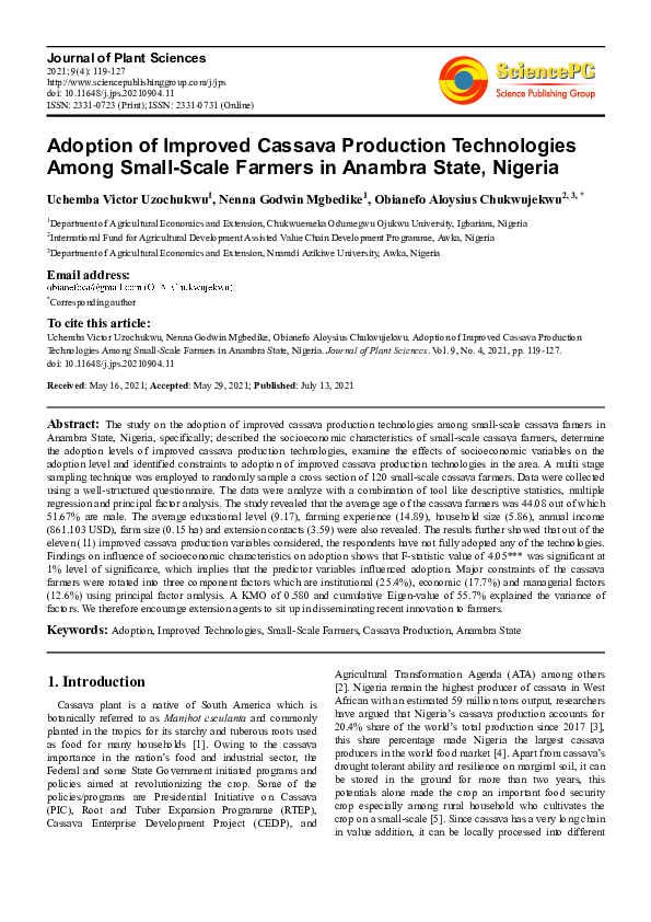 (PDF) Adoption of Improved Cassava Production Technologies Among Small-Scale Farmers in Anambra ...