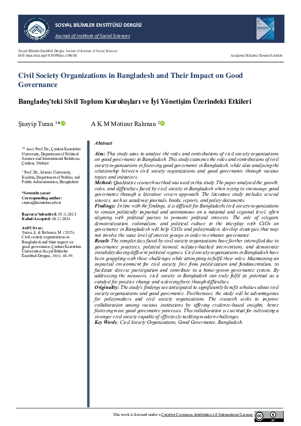 (PDF) Civil Society Organizations in Bangladesh and Their Impact on Good Governance Bangladeş ...