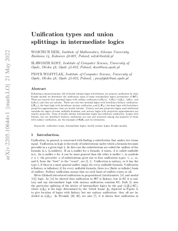 (PDF) Unification types and union splittings in intermediate logics