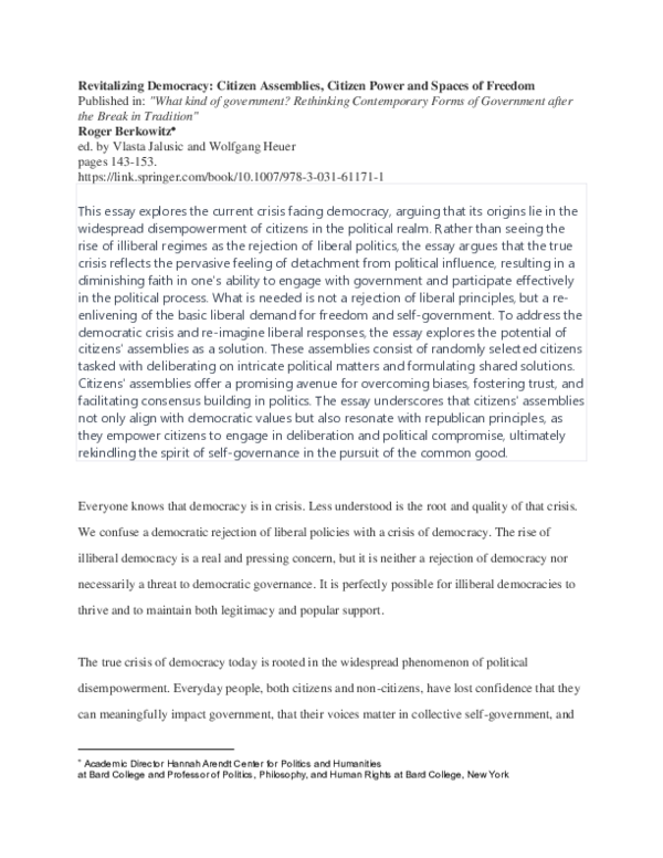 (PDF) Revitalizing Democracy- Citizen Assemblies, Citizen Power and ...