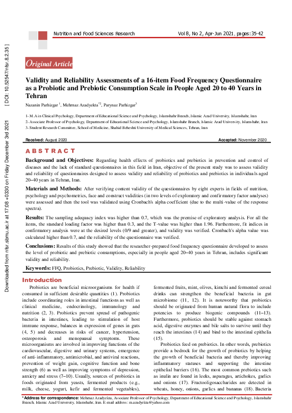 (PDF) Validity and Reliability Assessments of a 16-item Food Frequency Questionnaire as a ...