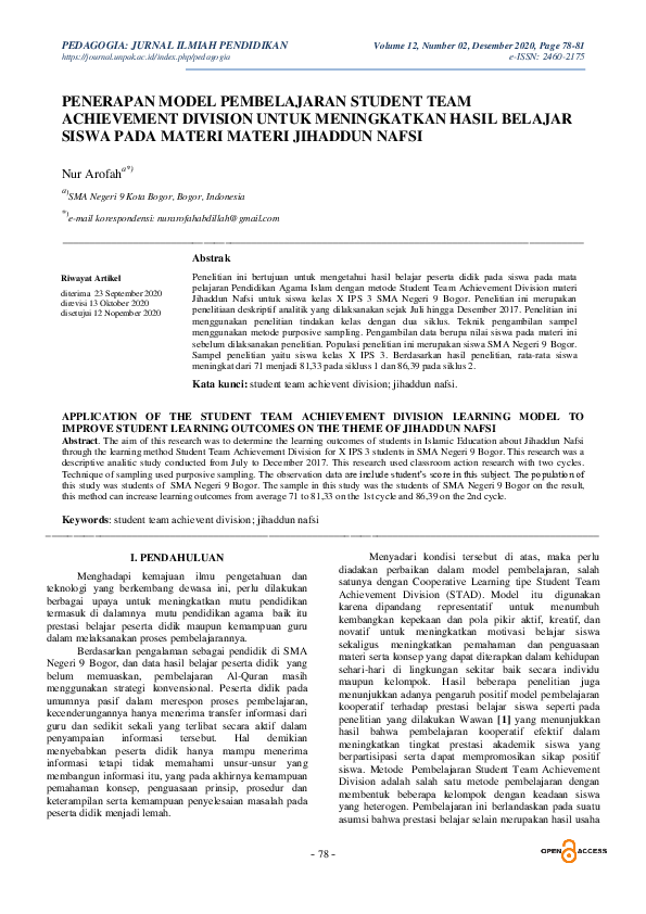 (PDF) Penerapan Model Pembelajaran Student Team Achievement Division Untuk Meningkatkan Hasil ...