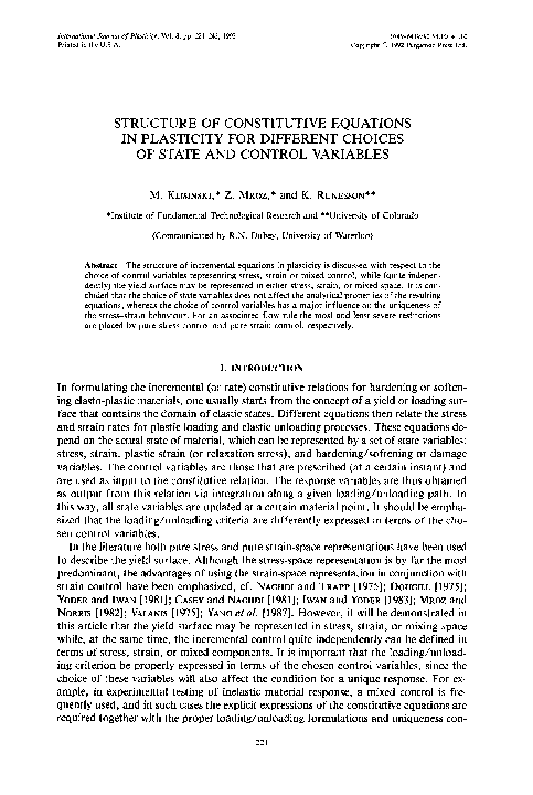 (PDF) Structure of constitutive equations in plasticity for different choices of state and ...