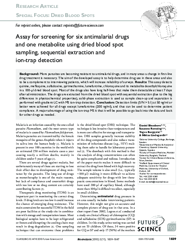 (PDF) Assay for screening for six antimalarial drugs and one metabolite using dried blood spot ...
