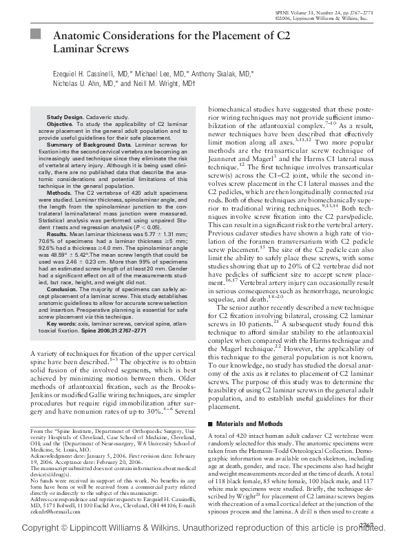 (PDF) Anatomic Considerations for the Placement of C2 Laminar Screws