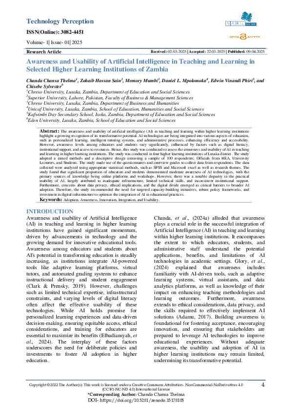 (PDF) Awareness and Usability of Artificial Intelligence in Teaching and Learning in Selected ...