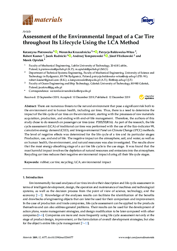 (PDF) Assessment of the Environmental Impact of a Car Tire throughout ...